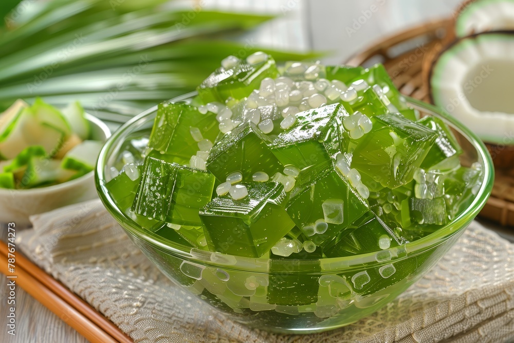 Filipino Buko Pandan Salad with green jelly palm fruit and coconut in ...