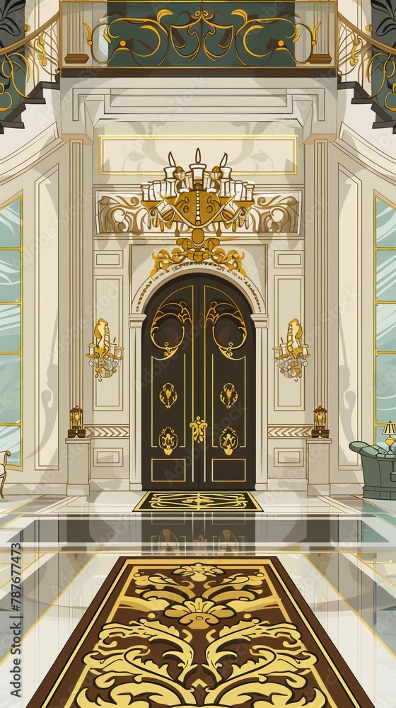 Captures the grand entrance of a luxury home, where rich golds in the ...