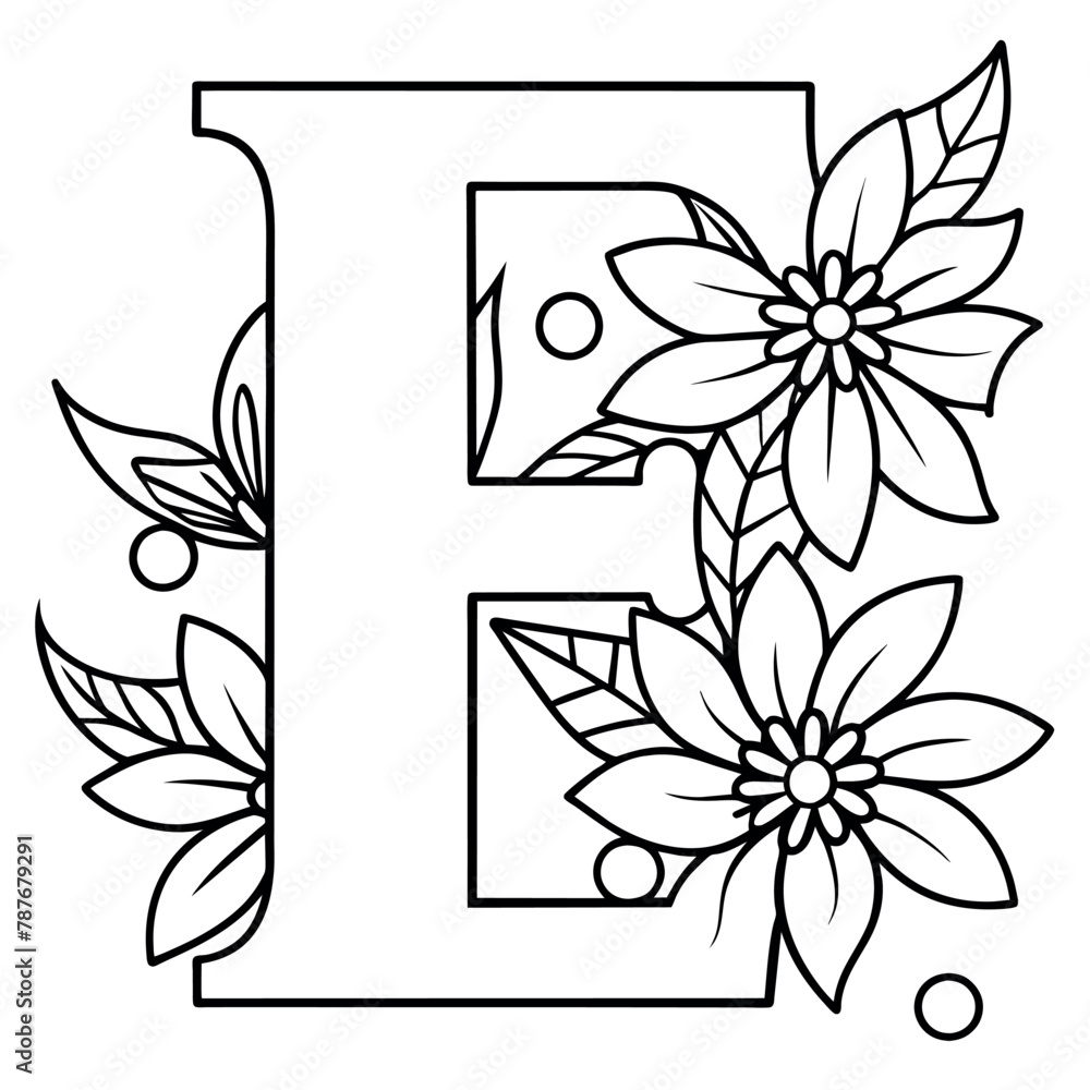 Alphabet E coloring page with the flower, E letter digital outline ...