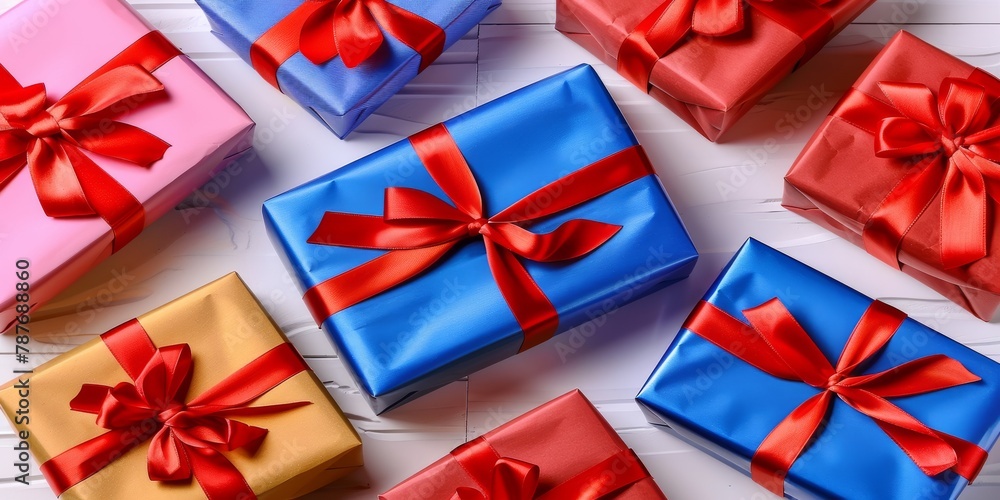 Elegant Array of Gift Boxes with Shiny Red Ribbons on a Textured Background - Concept of ...