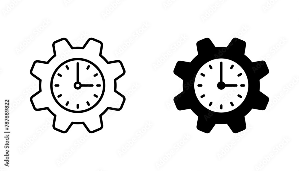 time management icon set. Cogwheel clock dial, development process logo ...