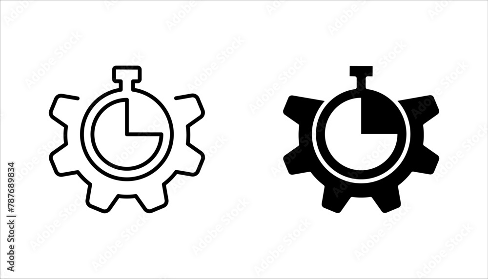 time management icon set. Cogwheel clock dial, development process logo ...