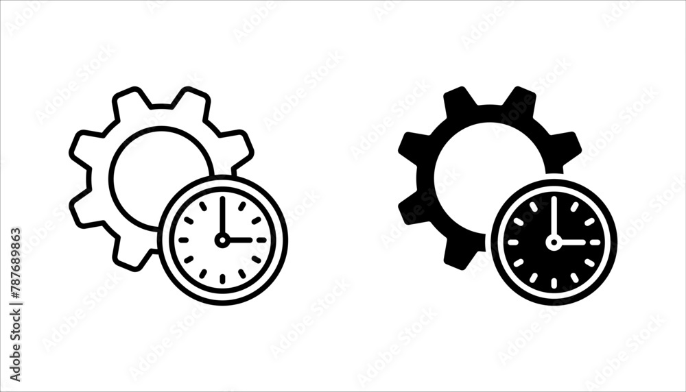 time management icon set. Cogwheel clock dial, development process logo ...