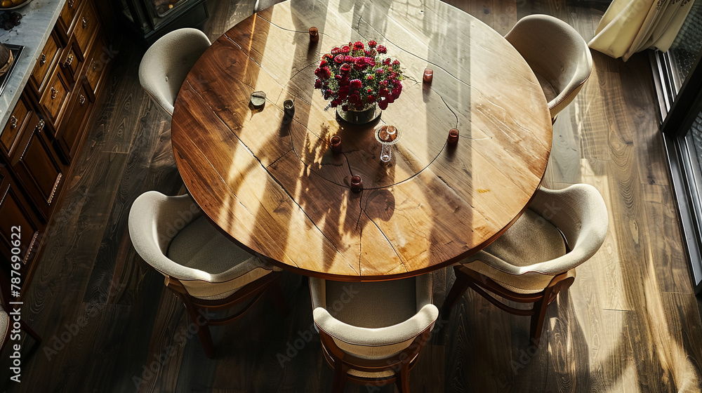 Experience the inviting charm of a round dining table surrounded by ...