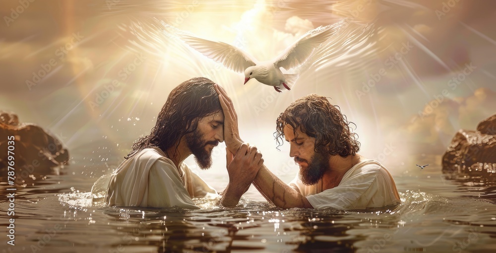 Holy ritual: baptism of Jesus - John the baptist administers the sacred ...