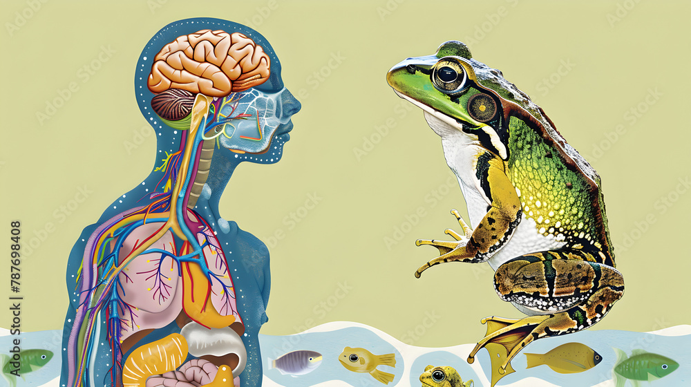 Human and frog detailed ear and mouth, brain, chest organ organs ...
