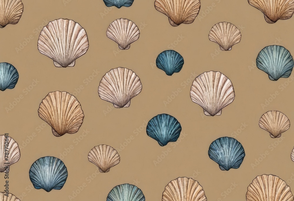 marine-themed wallpaper with a pattern of seashells in different shades ...