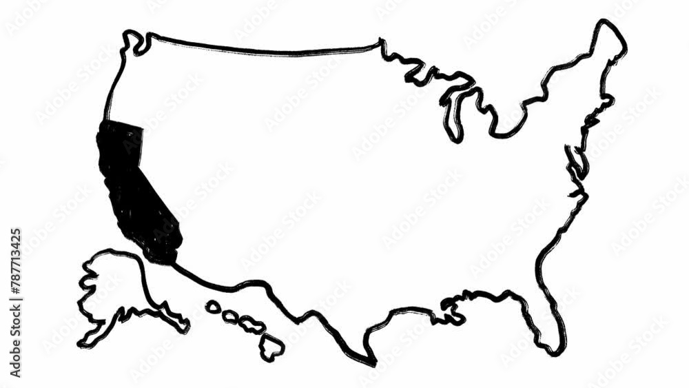 American map in handwritten with drawn California state in set of ...