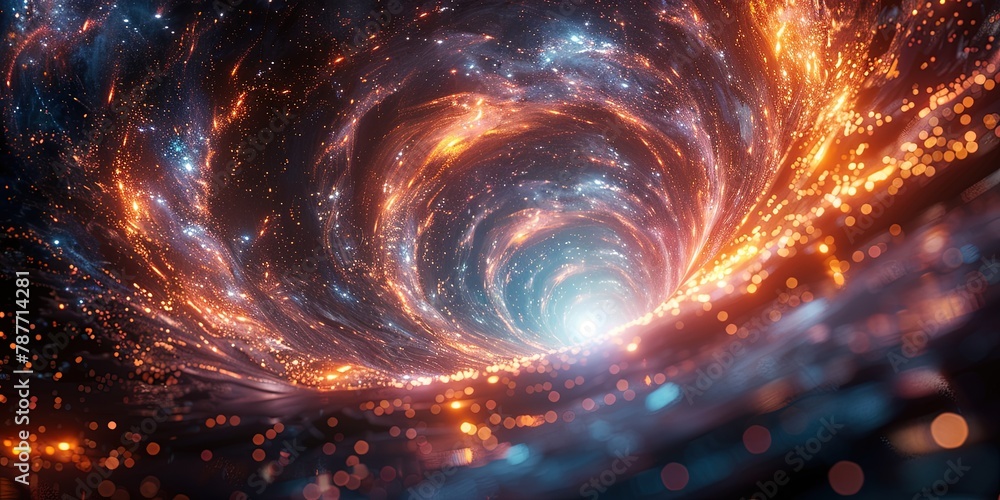 Color image of a warp tunnel in deep space. Matter particles spin in ...