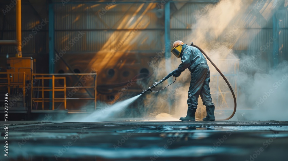 Sand blasting process, Industial worker using sand blasting process ...