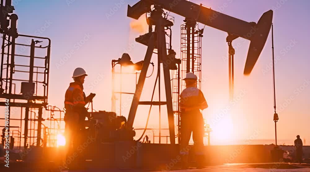 oil production two silhouette workers work as a team next to an oil ...