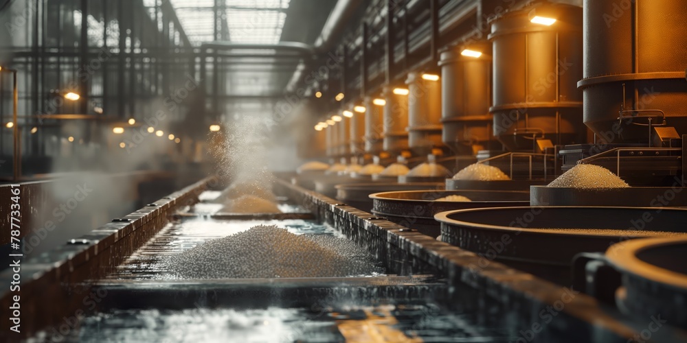 The interior of a sugar factory with processing equipment and sugar ...