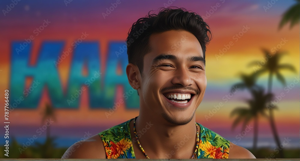 young native hawaiian man on plain bright colorful background laughing ...