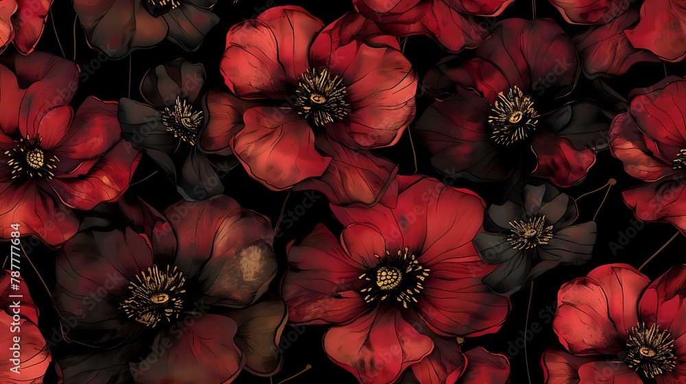 Seamless red poppy pattern with intricate details for solemnity Stock ...