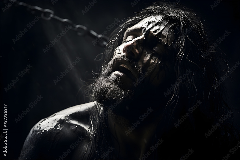 Jesus Christ grappling with a chain locked around his neck. Stock Photo ...
