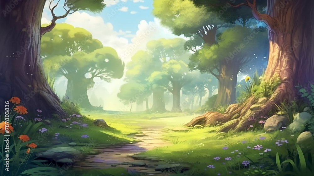 morning in the fantasy forest with big trees in anime cartoon ...