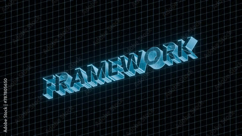 3D-rendered "FRAMEWORK" text emerges against a futuristic grid ...