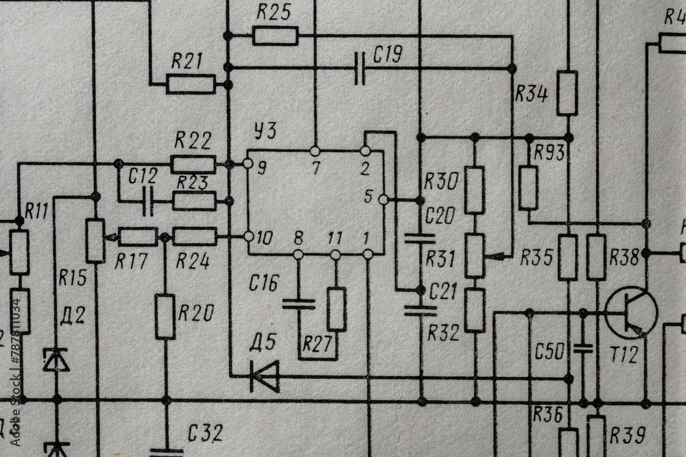 Old radio circuit printed on vintage paper electricity diagram as ...
