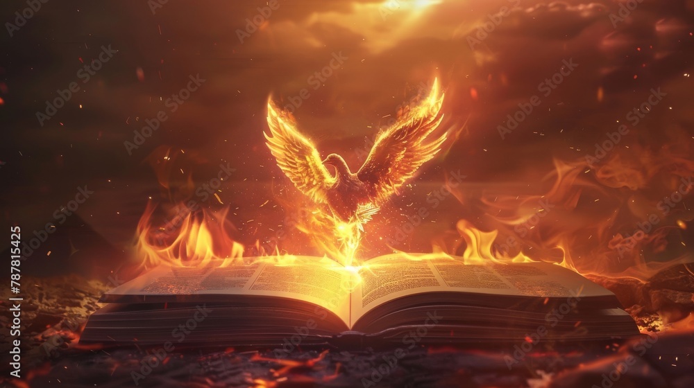 Mythical phoenix rising from open book in fiery landscape, symbolizing ...