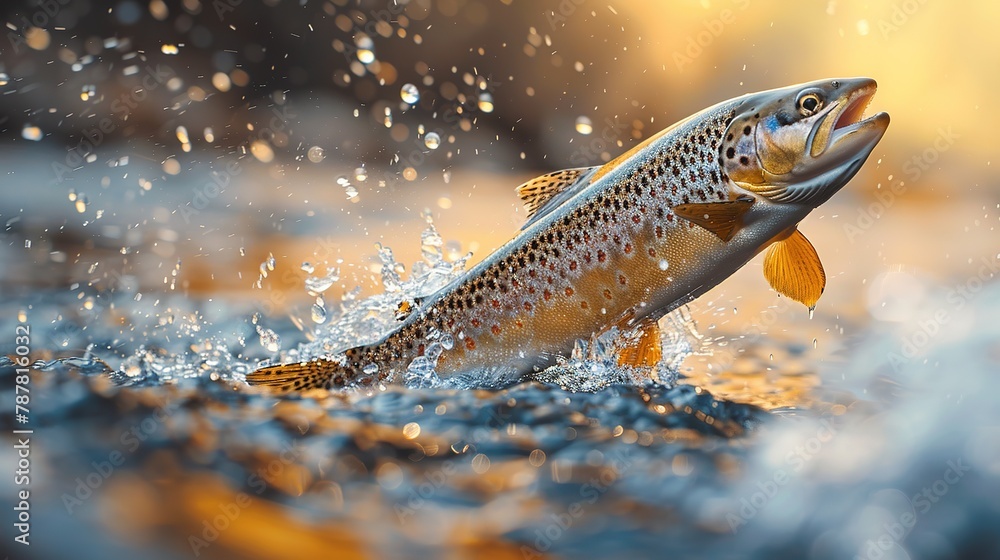 Fish above water catching bait. Panoramic banner with copy space ...