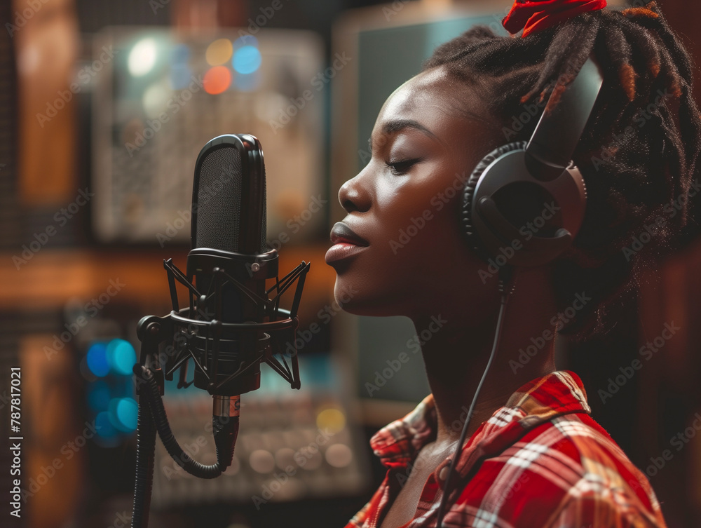 Foto de Soul singer. A young black female singer recording in the ...