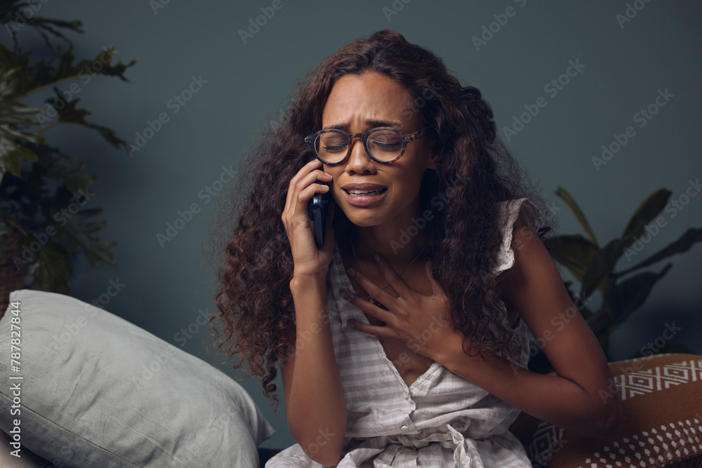 Stress, girl and sad phone call in home for bad news or heartbroken ...