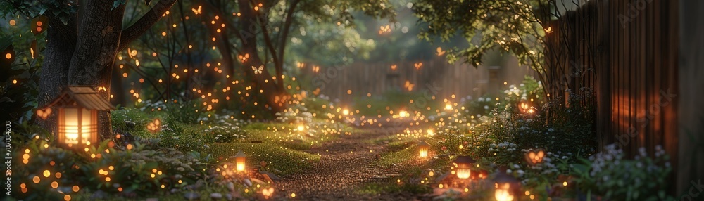 Digital fireflies lighting up a backyard in AR, soft evening light ...