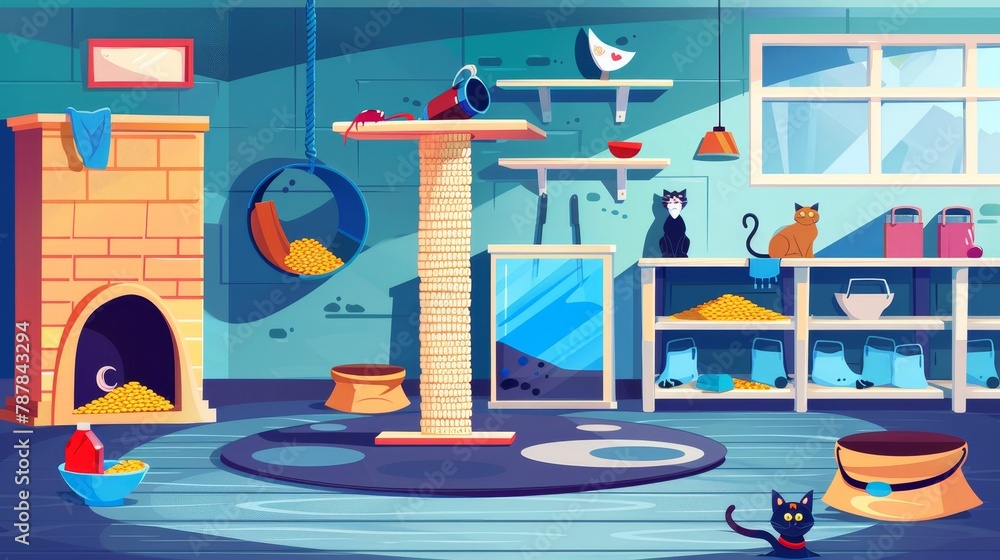 The interior of a pet store has a scratching post for cats, toys, a ...