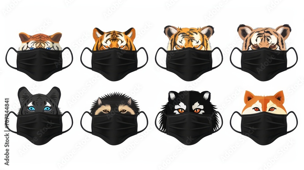 Modern cartoon set of black cloth medical protective masks with cute ...