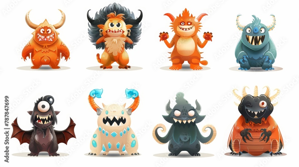 Modern cartoon set of small scary creatures, small ugly beasts smiling ...