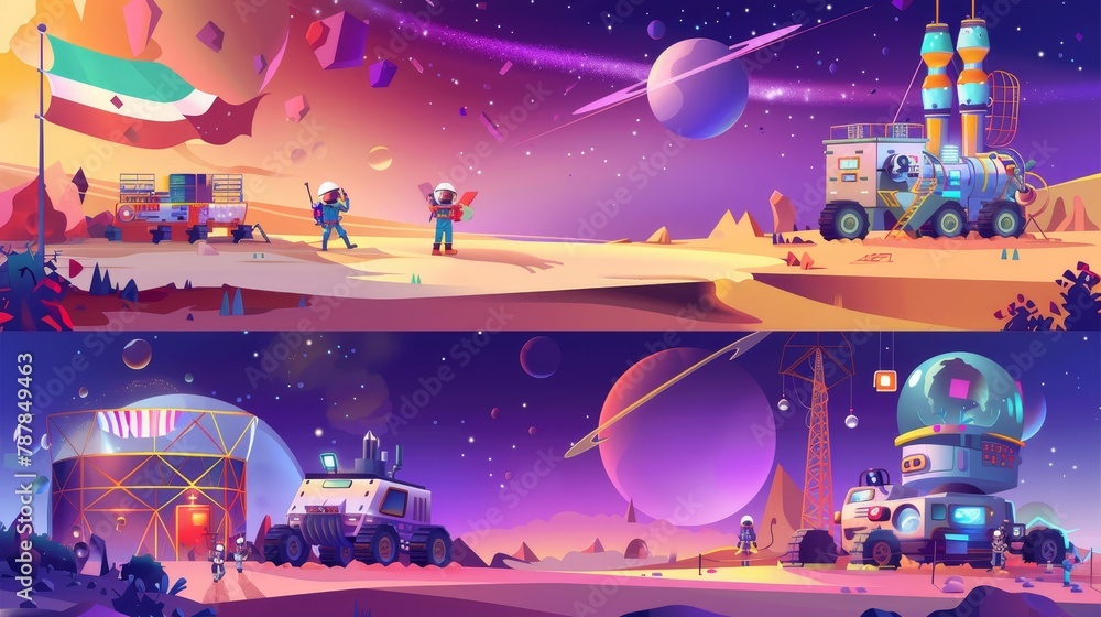 Cartoon Modern banners showing an engineer fixing a rover on the ...