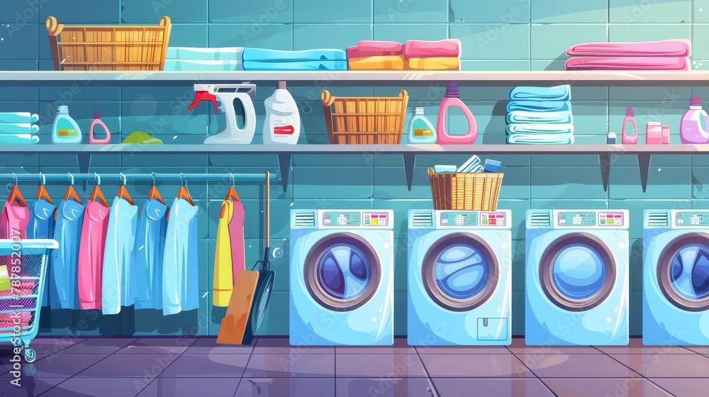 A laundry room with automatic washing and drying machines, stacks of ...