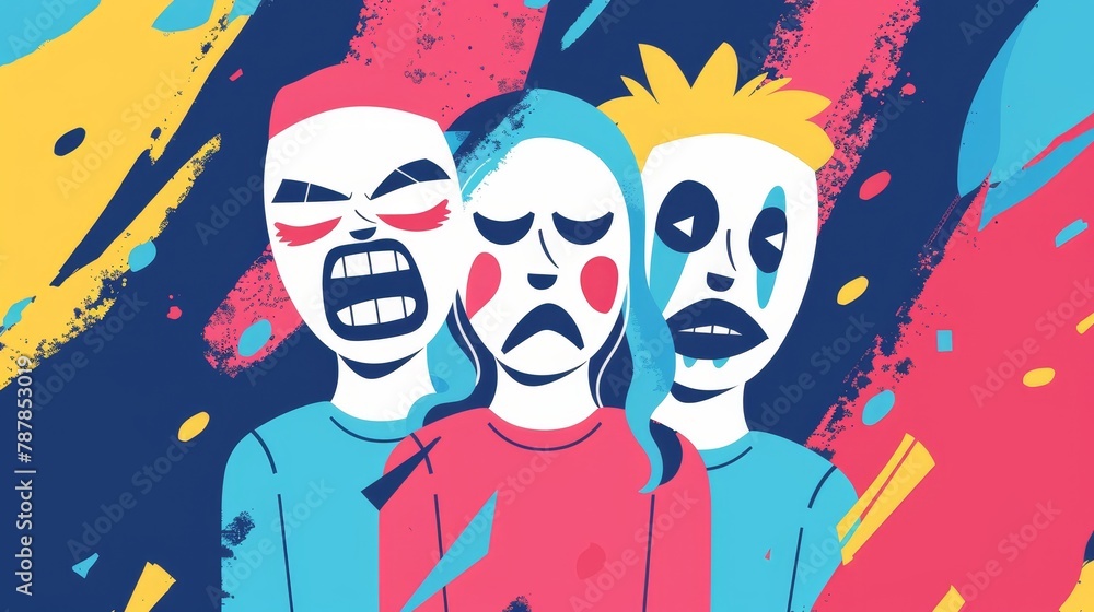 Personality banners with sad people dressed as happy masks concealing ...