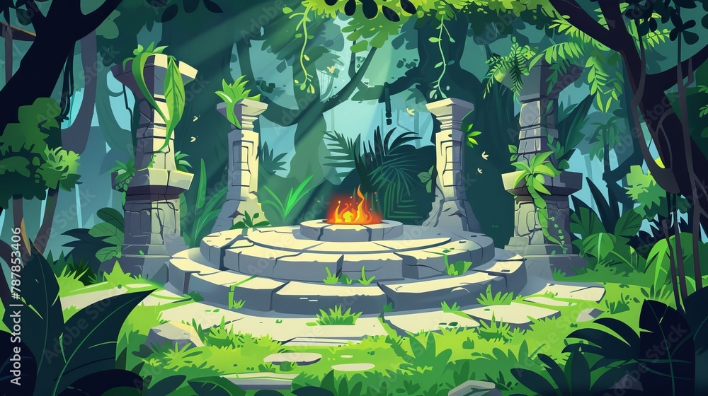 In the jungle, an ancient stone circle altar with fire is surrounded by ...