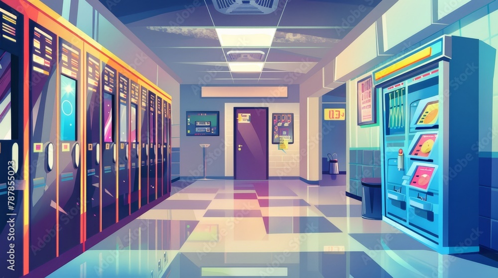 College campus hallway cartoon 2d graphics for game, modern ...