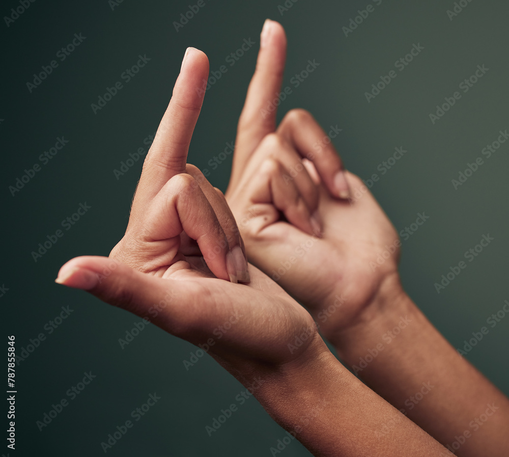 Studio, rude and hands of person with middle finger for bad review ...