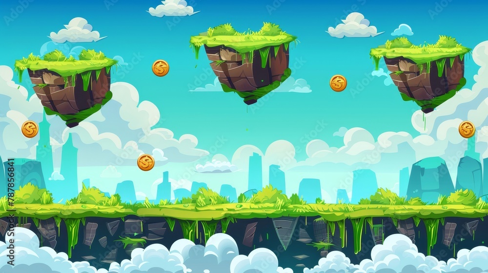 The level has floating platforms in a blue sky with clouds cartoon ...