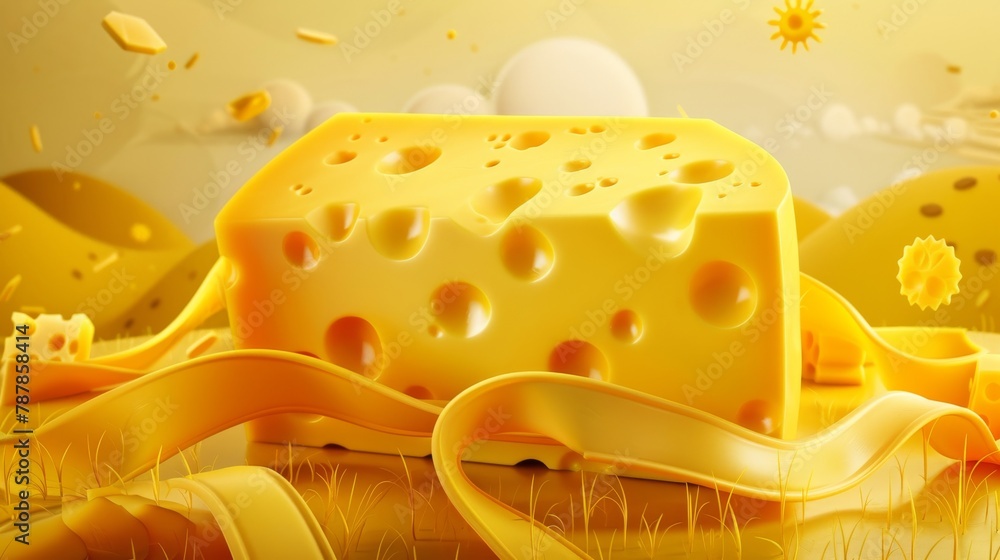 This banner ad features a 3D cheddar cheese surrounded by a ribbon on ...