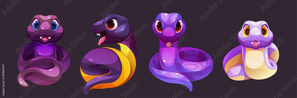 Set of snake characters isolated on black background. Vector cartoon ...