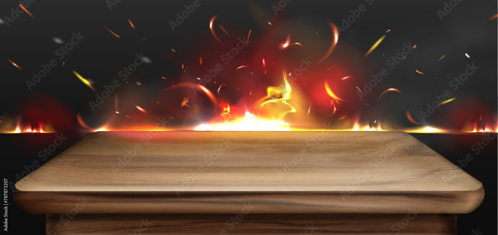 Wooden table on flame and smoke background. Vector realistic ...