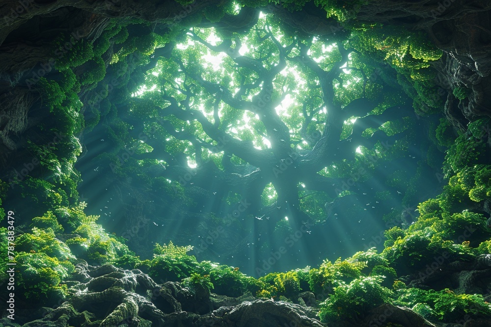 Elven Tree City, hidden canopy, civilization cradled in ancient boughs ...