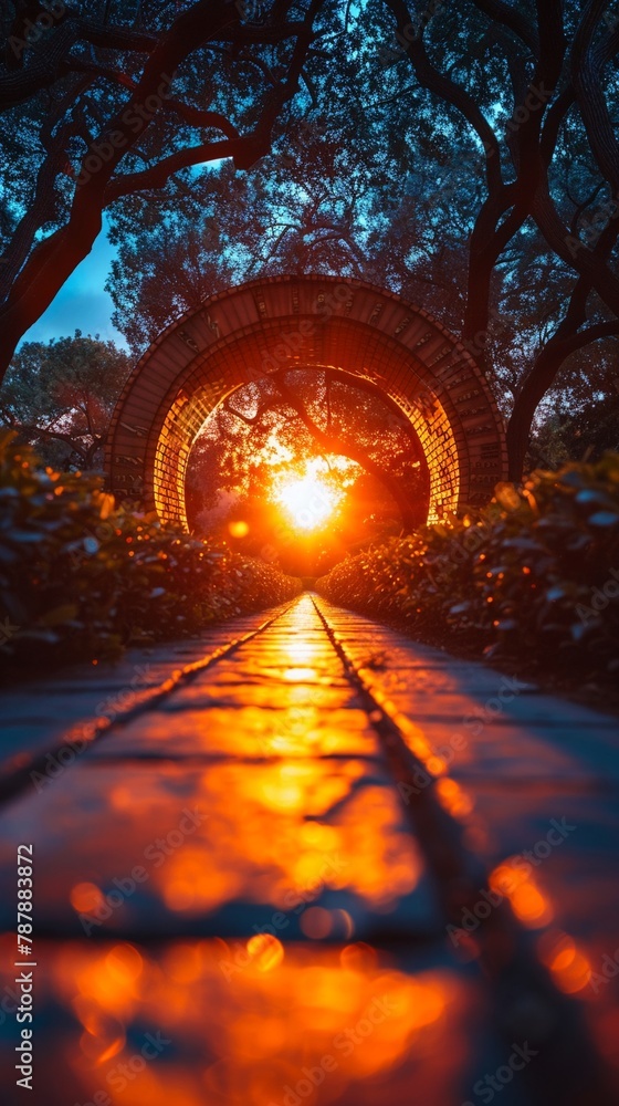 Time travel gateway, ancient mechanism, sunset, portal through ages ...
