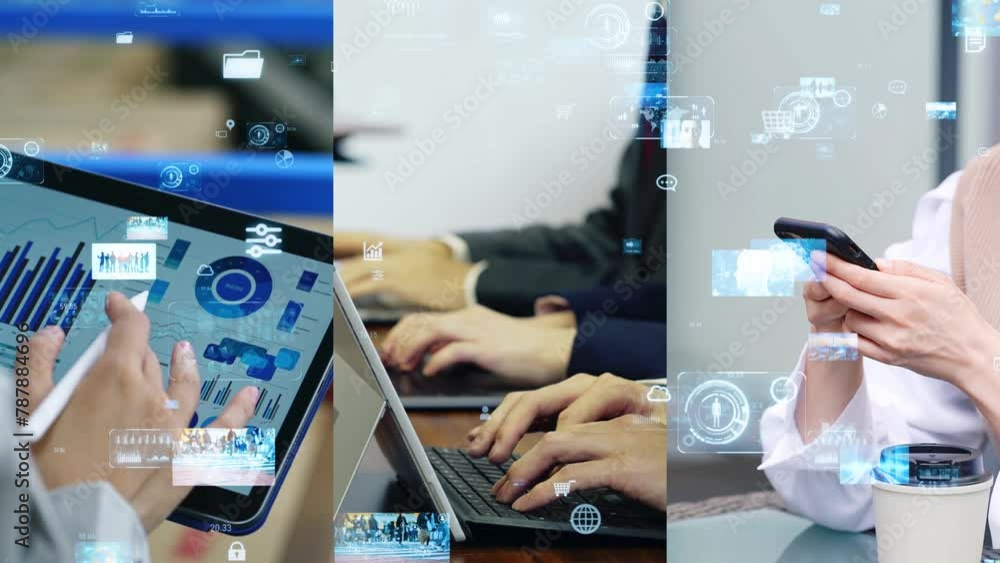 Collage of people using various mobile device and digital technology ...