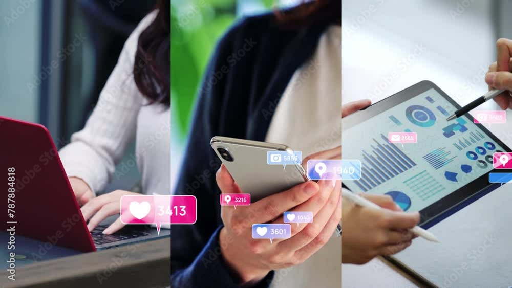 Collage of people using various digital devices and social media ...