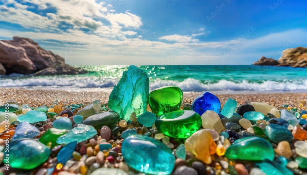 Colorful gemstones on a beach. Polish textured sea glass and stones on ...
