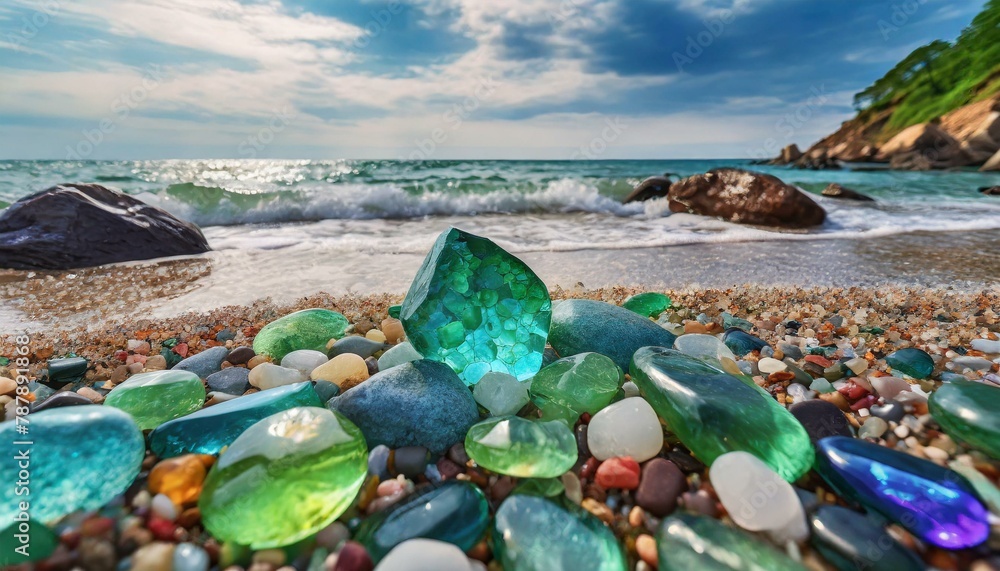 Colorful gemstones on a beach. Polish textured sea glass and stones on ...