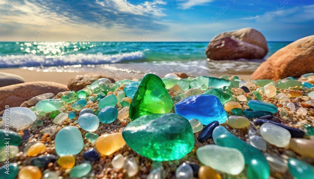 Colorful gemstones on a beach. Polish textured sea glass and stones on ...