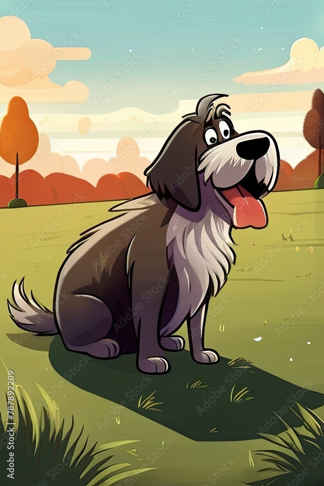 A simple, flat cartoon illustration of a sick shaggy dog pooping on the ...