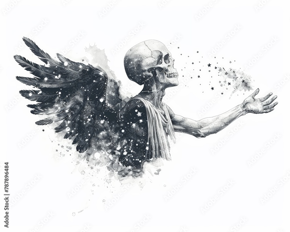Reaching out to catch the falling stars, a skull bald angel embodies ...