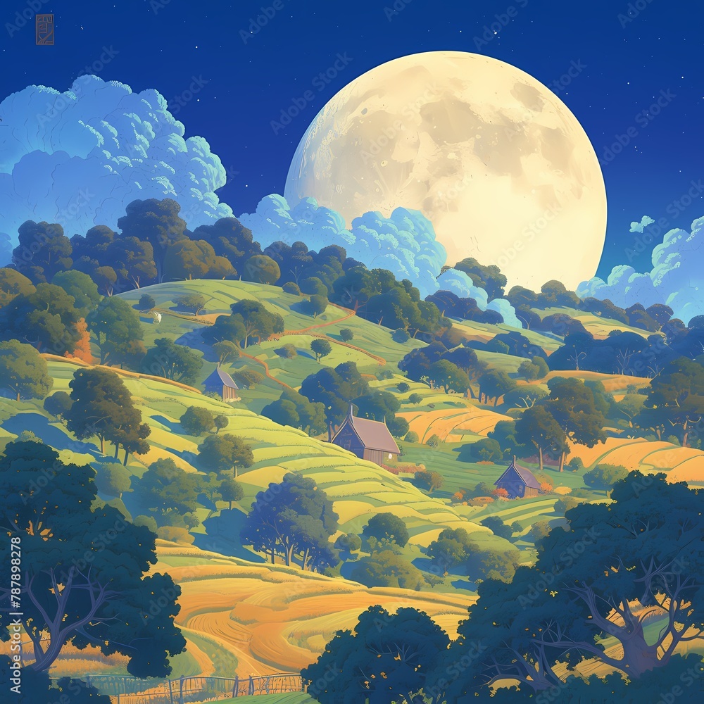 A captivating moonlit scene with rolling hills, charming cottages, and ...